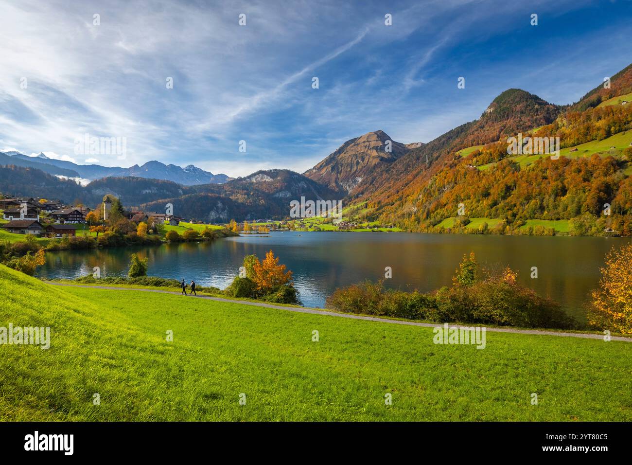 View of the town and lake of Lungern in autumn. Lungern municipality ...