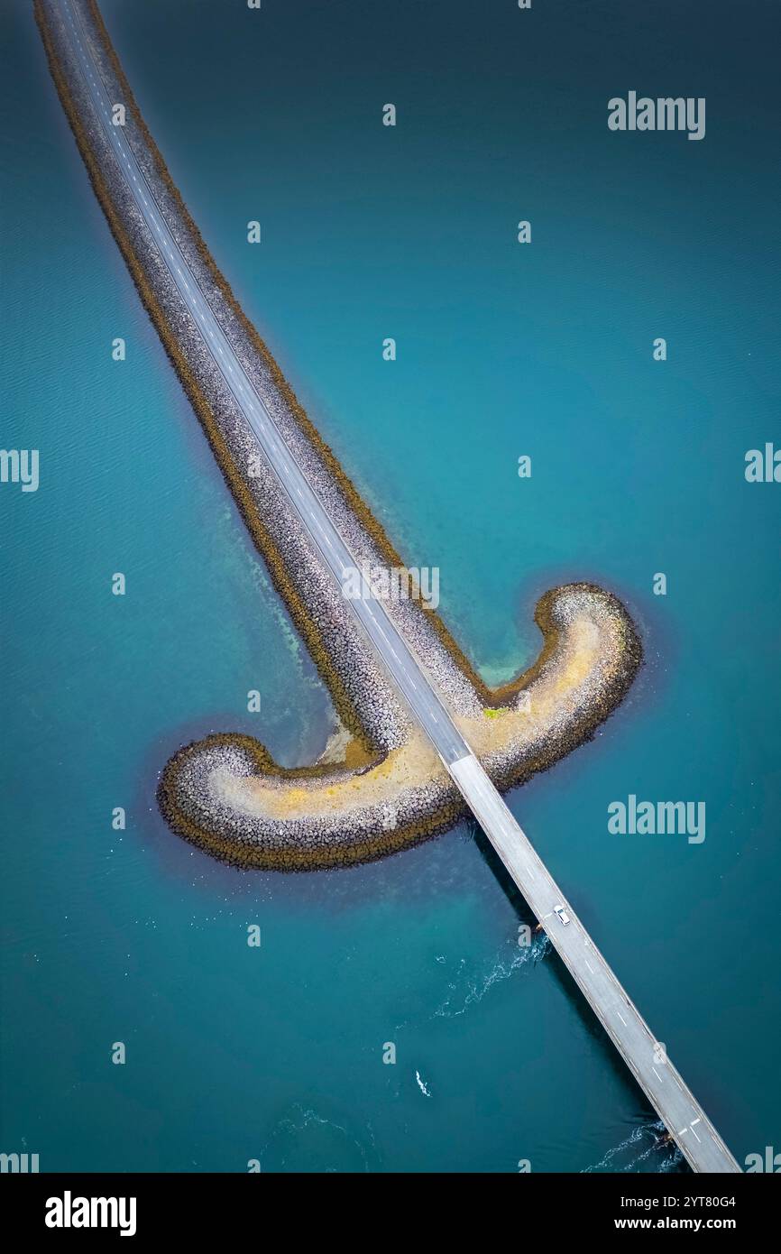 Aerial view of the sword shaped bridge Snaefellsnesvegur close to the ...