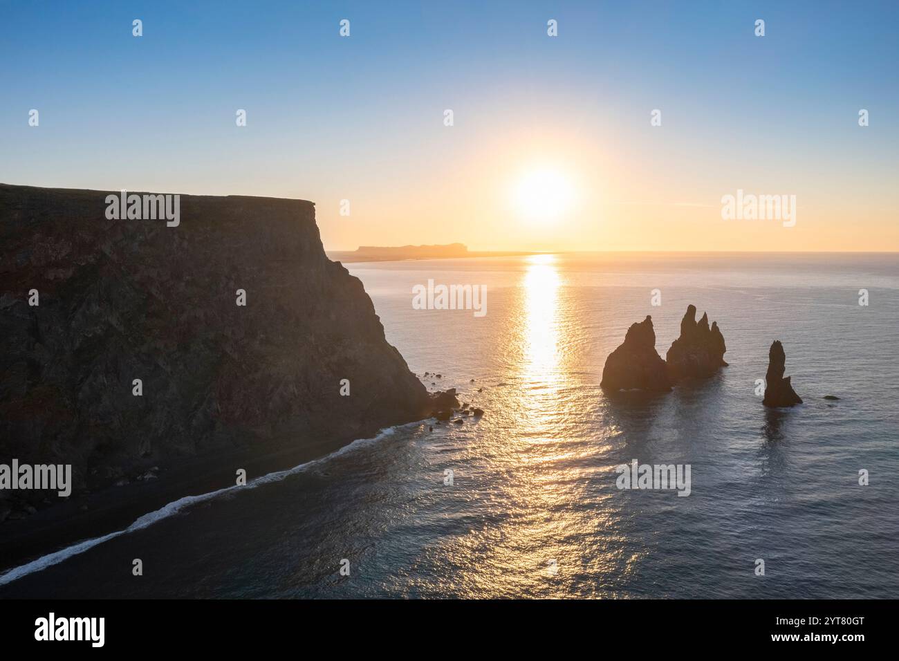 Aerial view of a sunrise at Reynisfjara beach, V'k ' Myrdal, Southern ...
