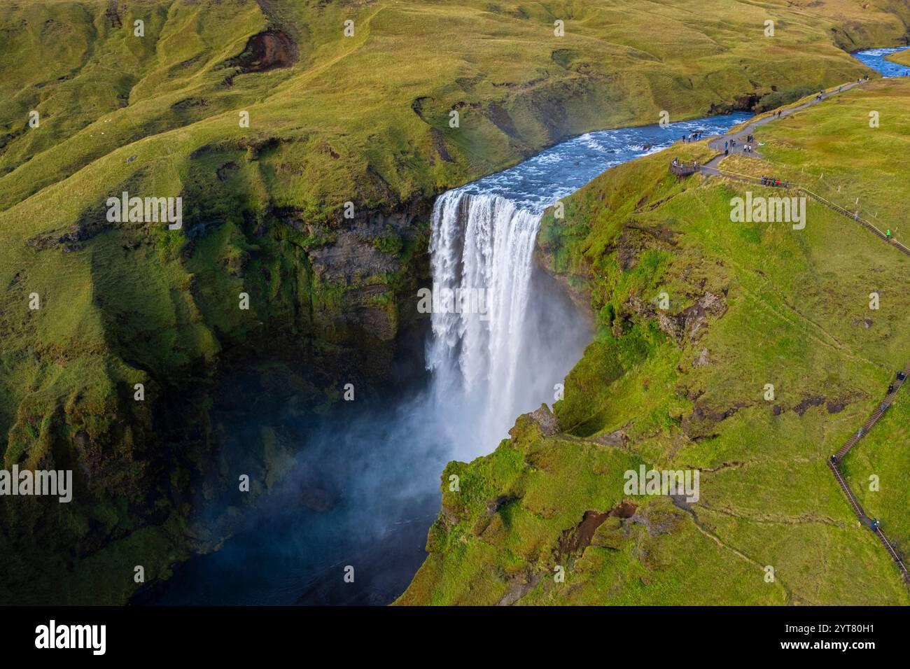 Aerial view of the huge Skogafoss waterfall in summer. Skogar ...