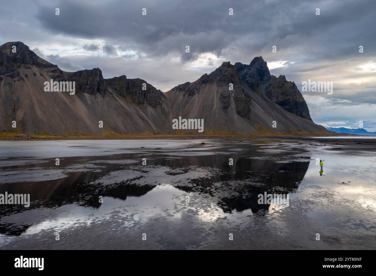 Aerial view of the black sand dunes in front of Vestrahorn mountain ...