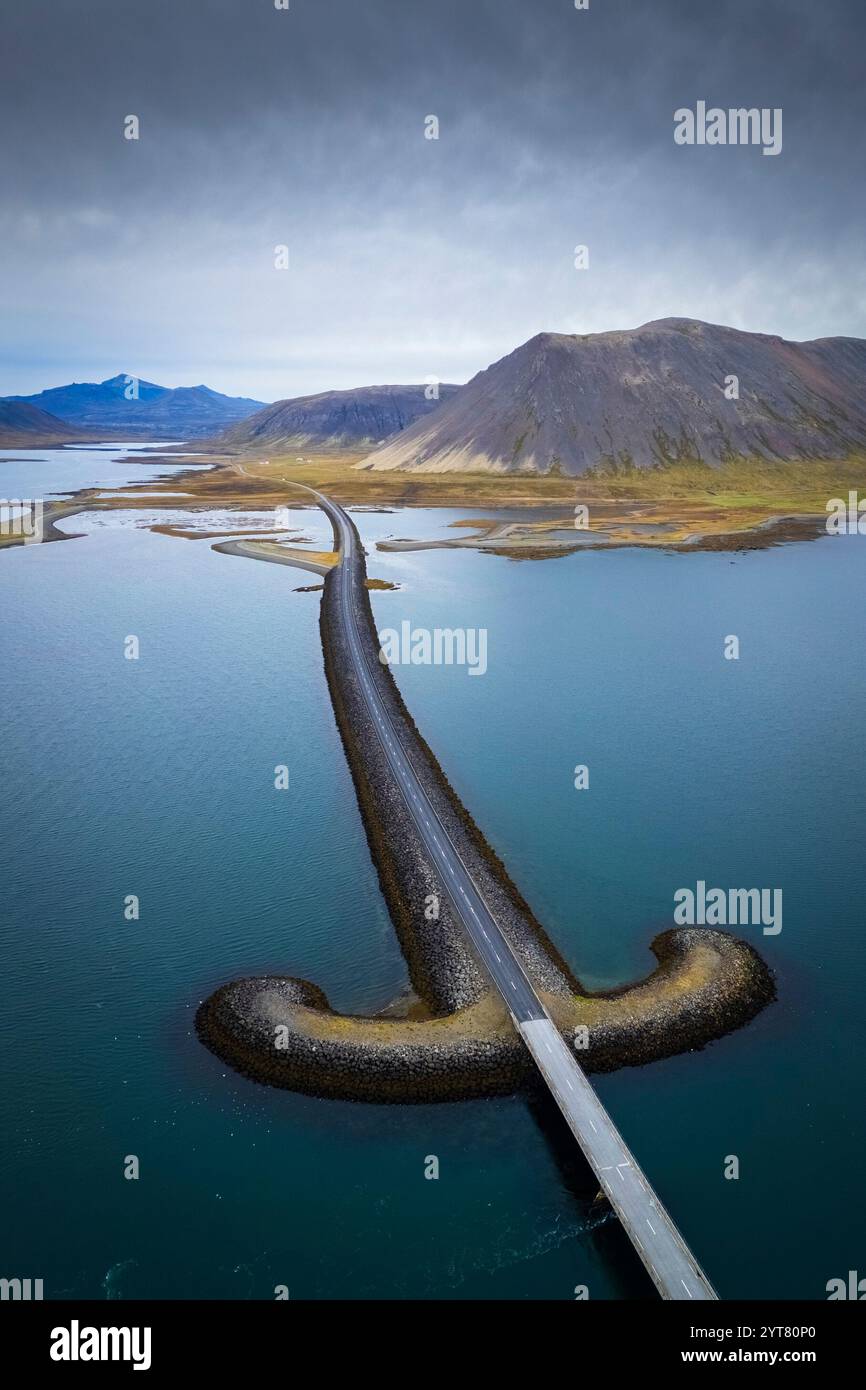 Aerial view of the sword shaped bridge Snaefellsnesvegur close to the ...