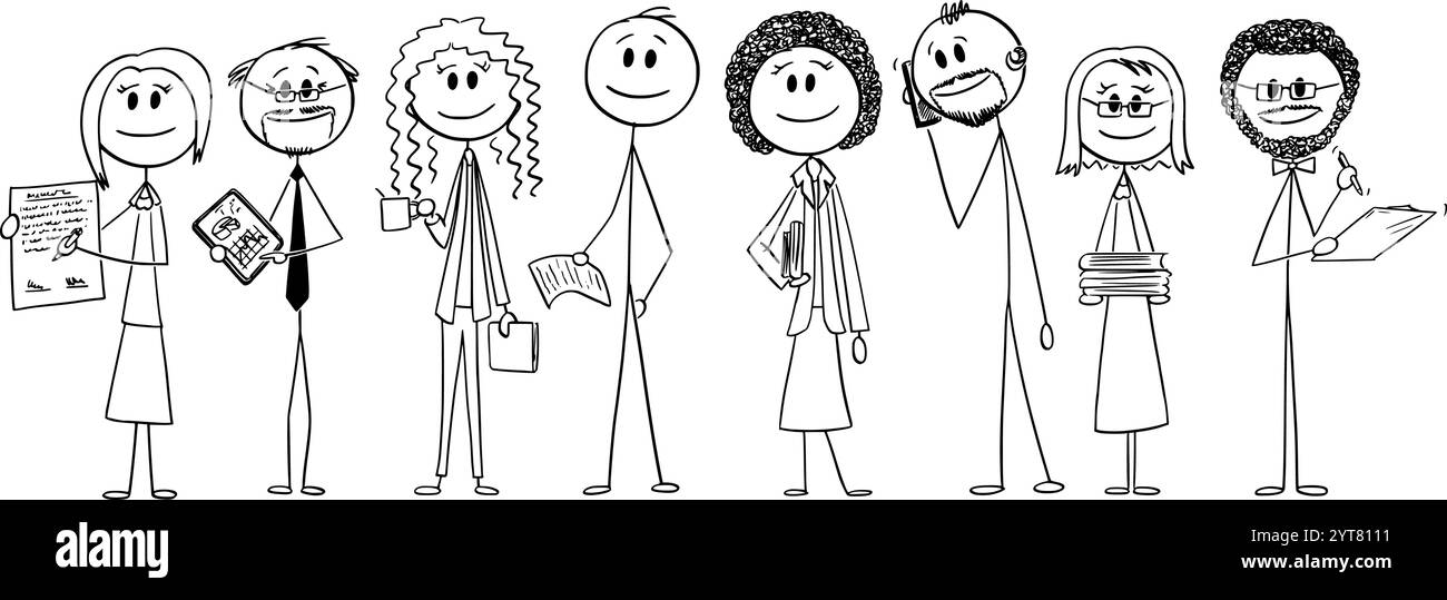 Big smiling multiracial diverse busy business team, set, vector cartoon ...