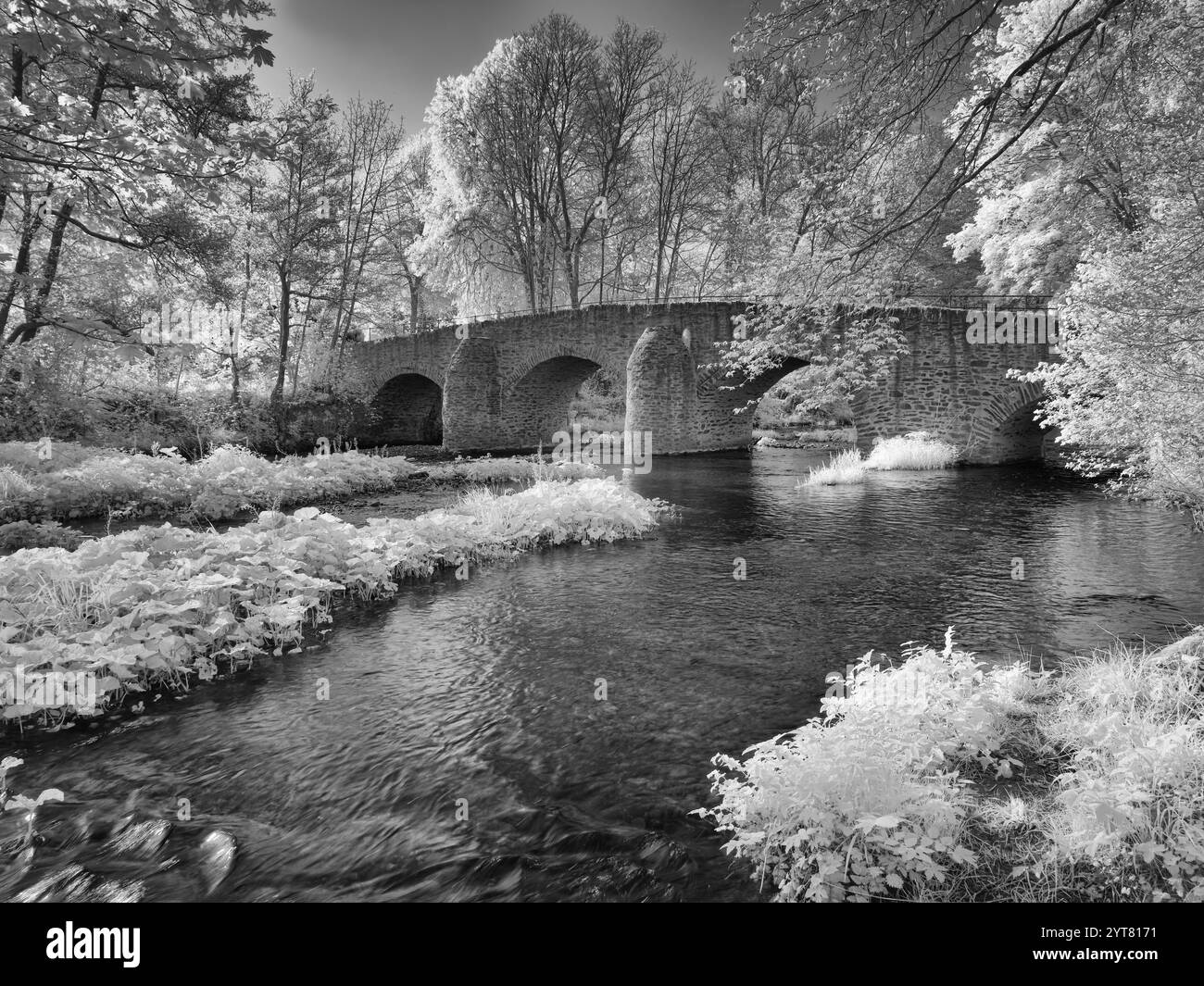 Europe, Germany, Rhineland-Palatinate, Westerwald, old stone bridge ...