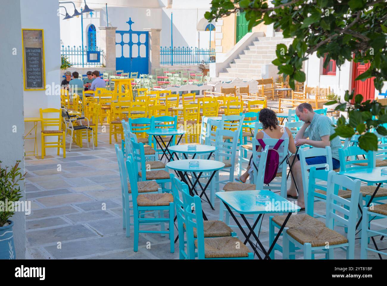 Agios Athanasios square, the colourful upper Chora central square, Chora, Serifos Island ...
