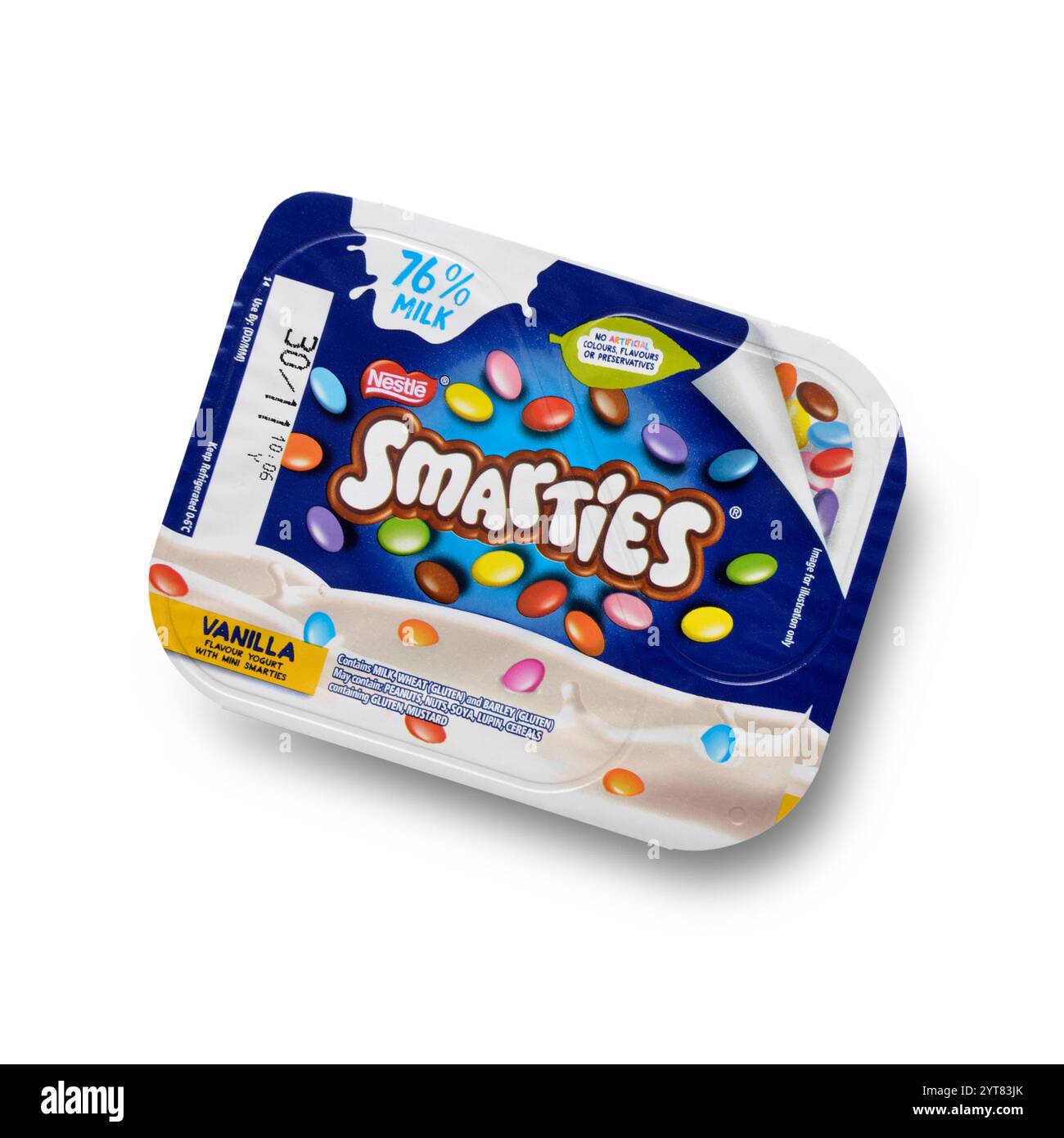 Nestle Vanilla Yogurg pot with mini smarties sweets top view isolated ...