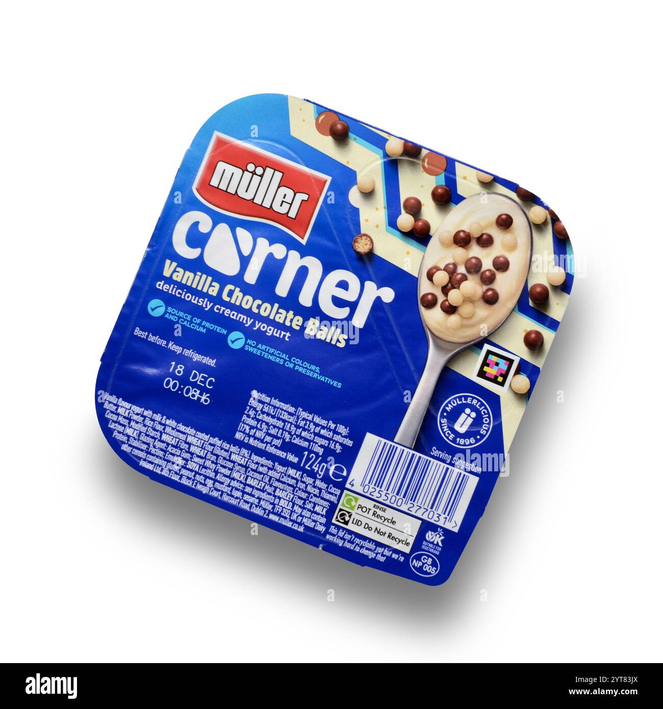 Muller Vanilla Corner Chocolate Balls yogurt pot top view isolated on ...