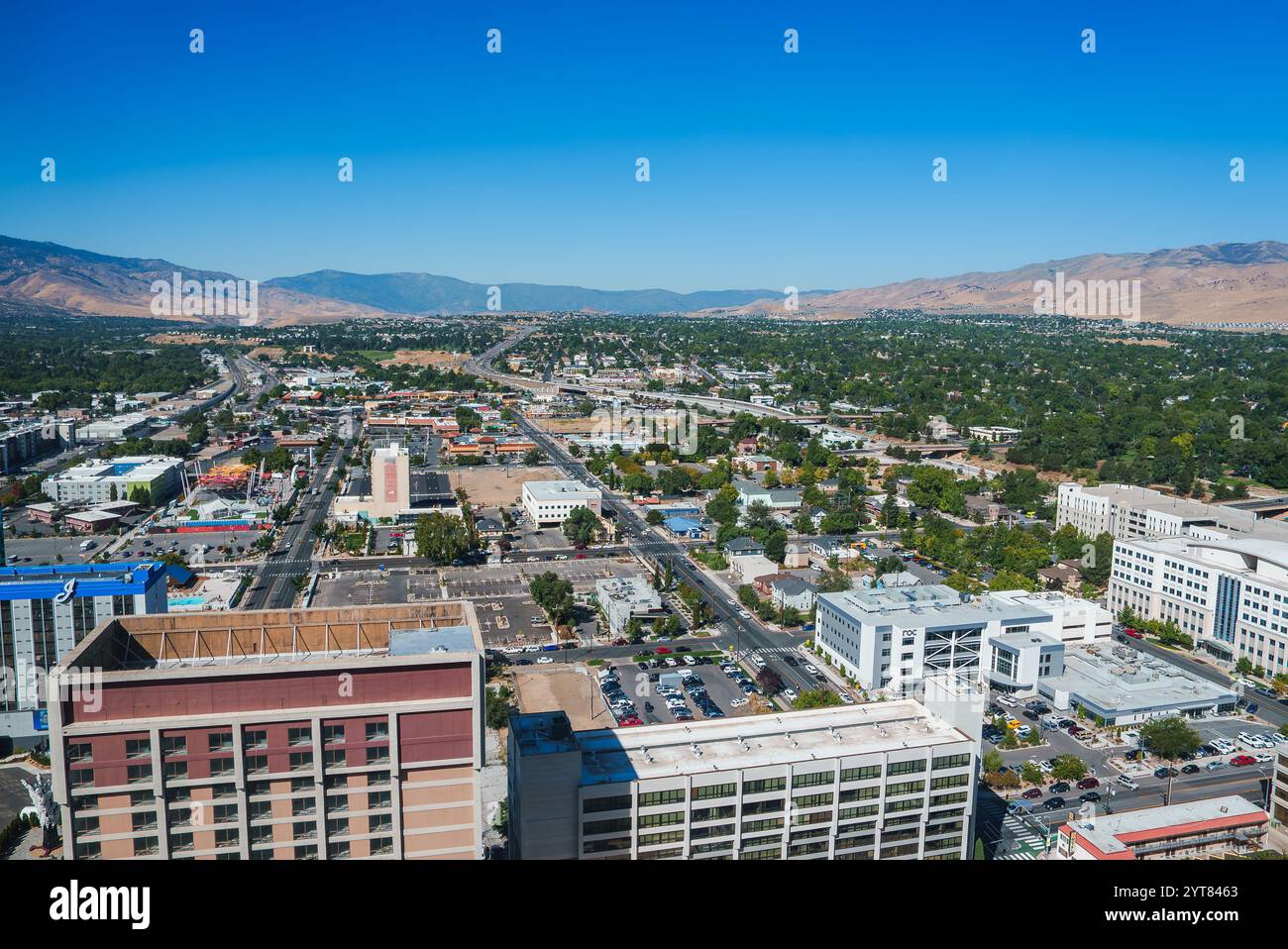 Reno, Nevada's cityscape features modern and older buildings, including ...