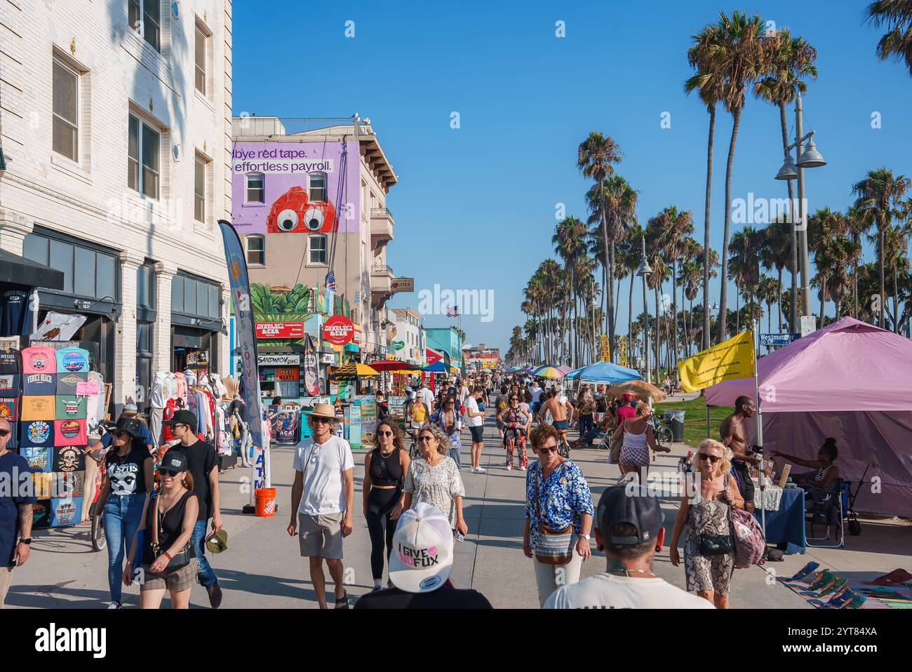 Venice Beach Boardwalk with Crowds and Palm Trees in Los Angeles Stock ...