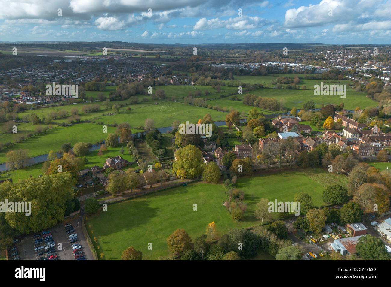 Aerial view of Salisbury Water Meadows in Salisbury, Wiltshire, UK ...