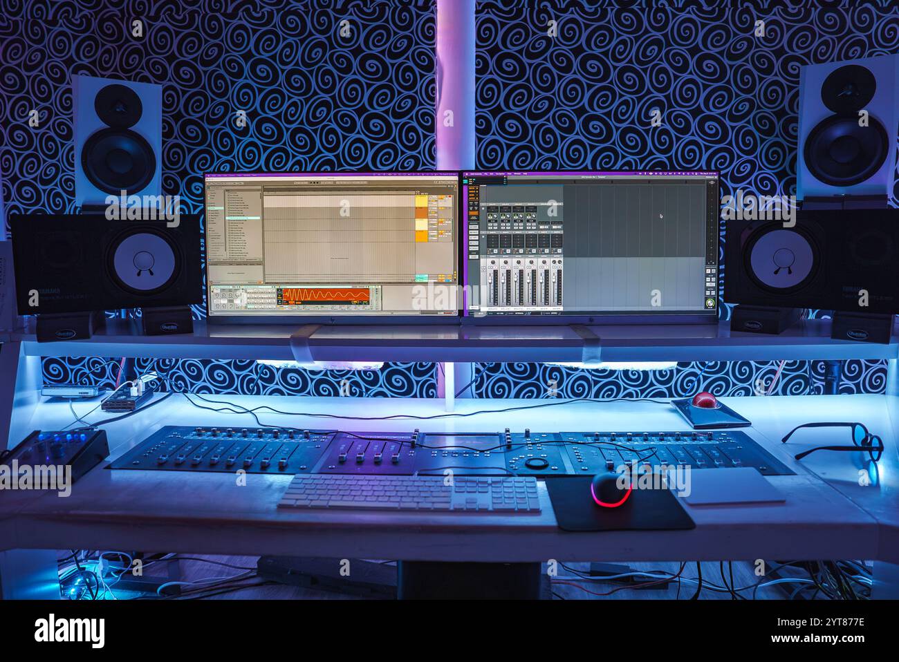 Modern Music Production Studio with Dual Monitors and Audio Equipment ...