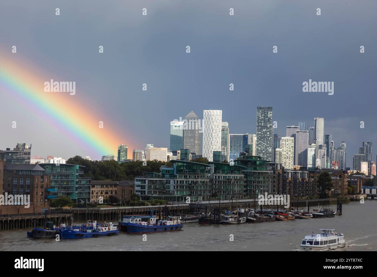 England, London, Docklands, River Thames and Canary Wharf Skyline with ...