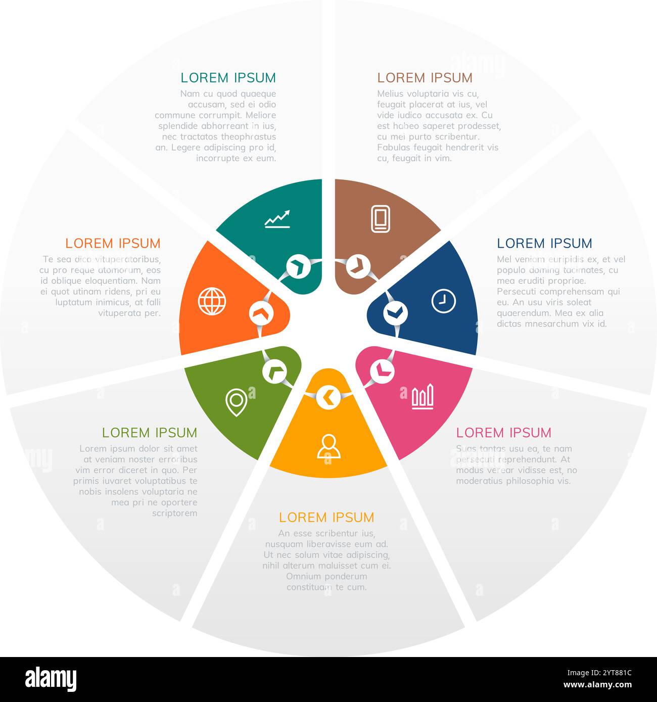 Circular infographic is divided into eight sections, each featuring an icon and a text ...