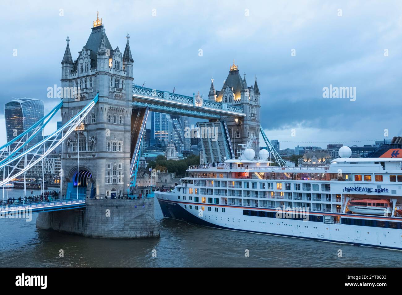 England, London, Cruise Ship Passing Through Open Tower Bridge Stock ...