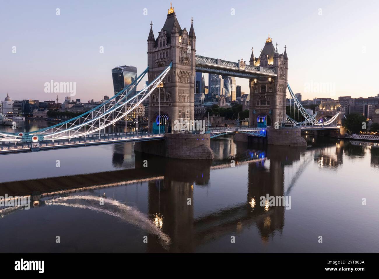 England, London, Tower Bridge and River Thames with Reflection and City ...