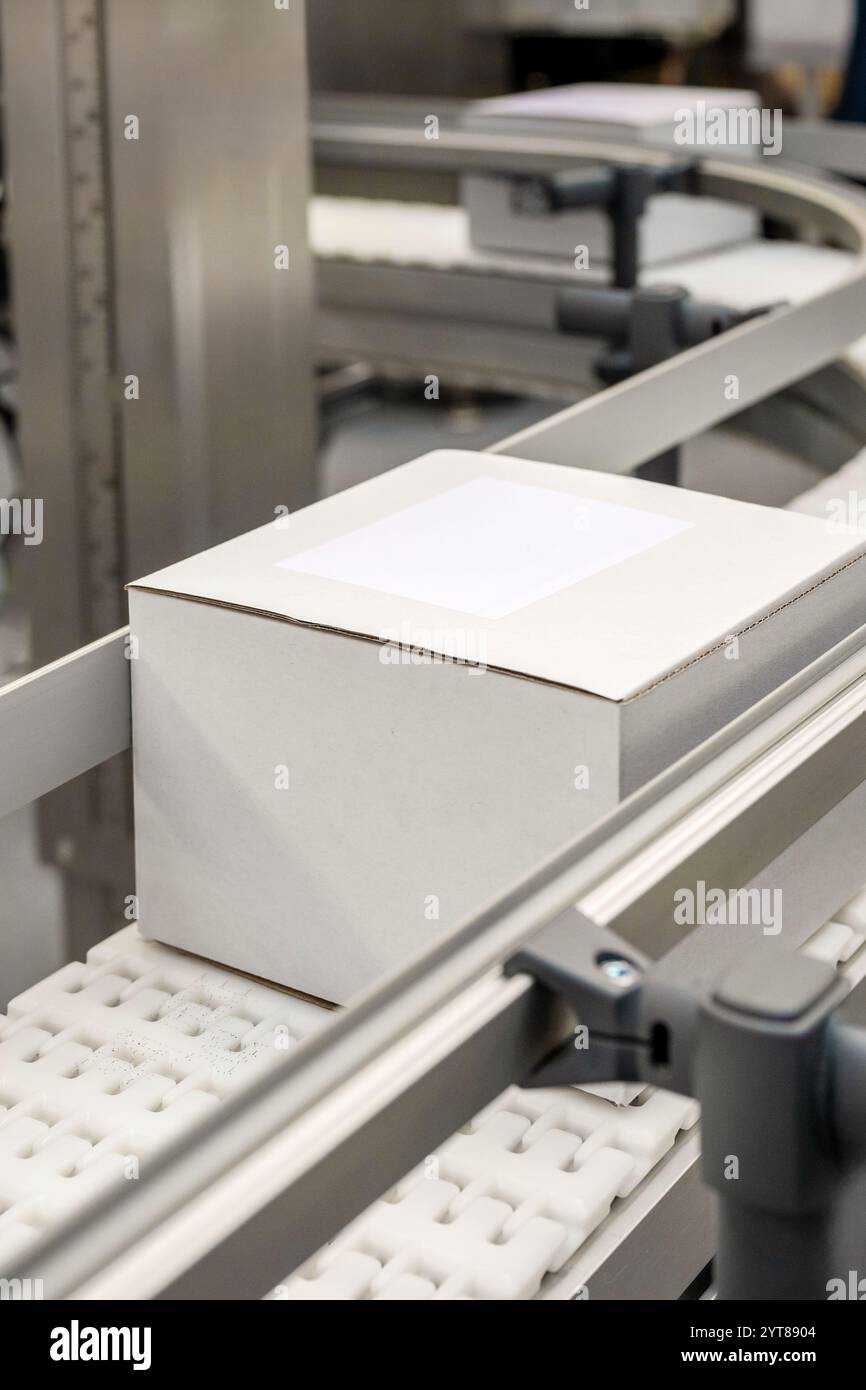 White carton boxes on the production lines of packing and labelling ...