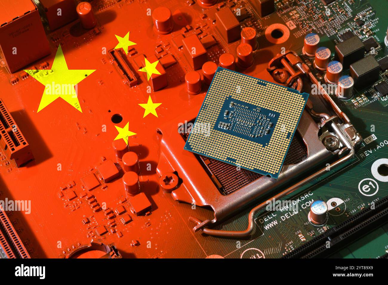 Flag of the Republic of China on a red painted pc motherboard with a ...