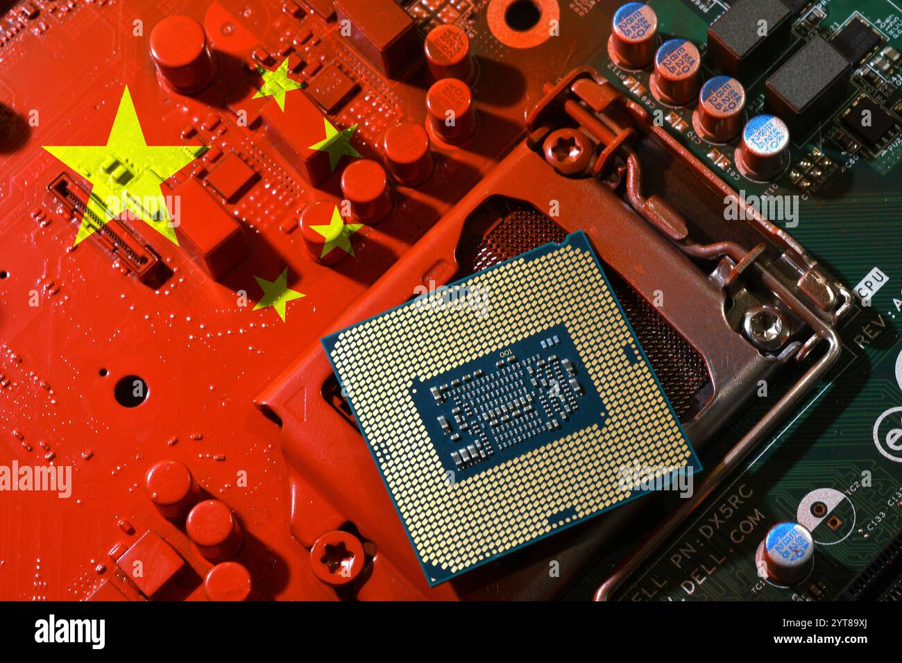 Flag of the Republic of China on a red painted pc motherboard with a ...