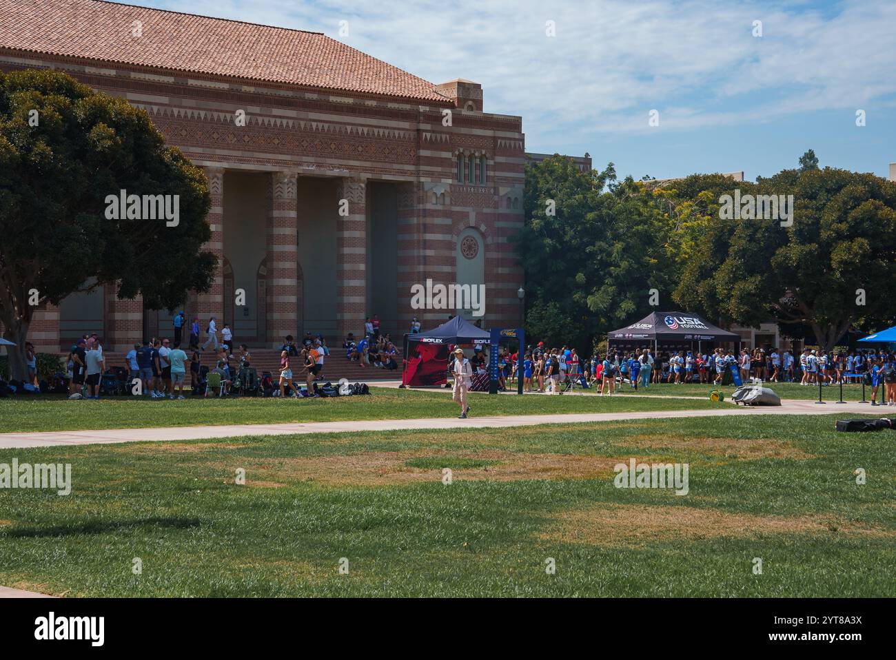 Lively Campus Event at UCLA with Historic Building and Crowd Stock ...