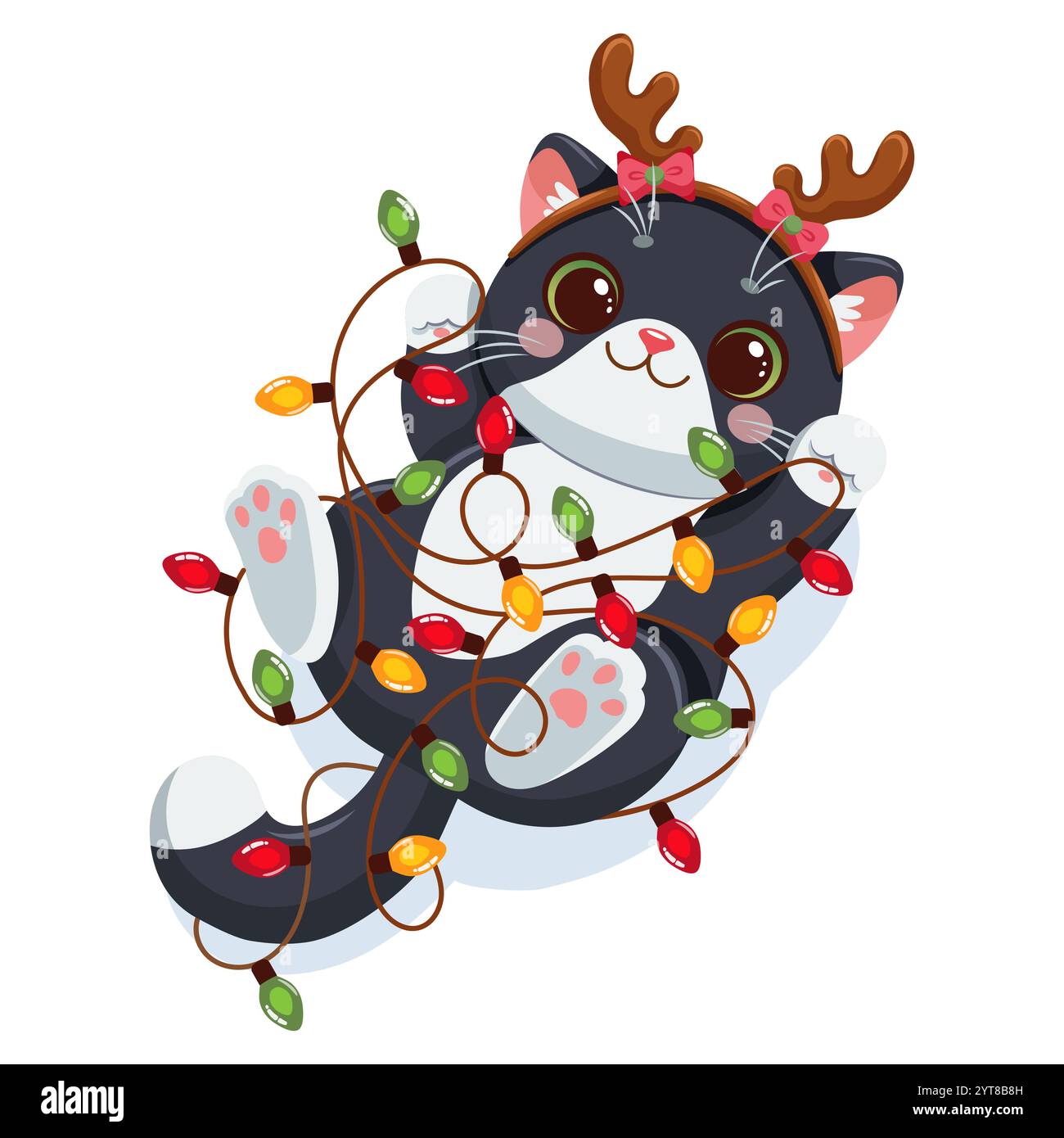 Vector illustration of a playful black and white cartoon cat tangled in ...