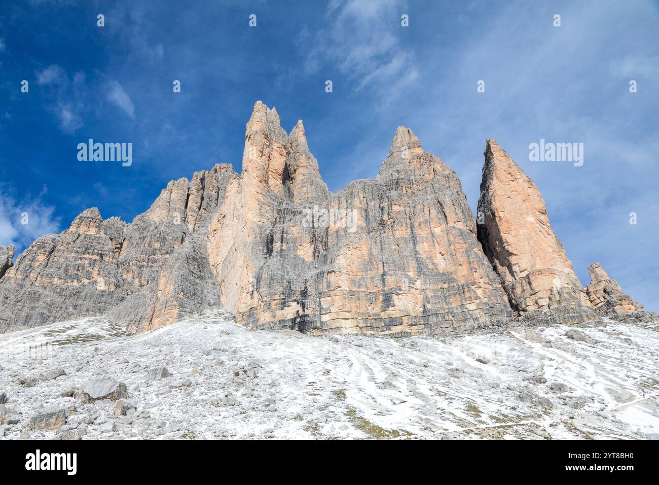 The Tre Cime di Lavaredo seen from their base, south-east side with the ...