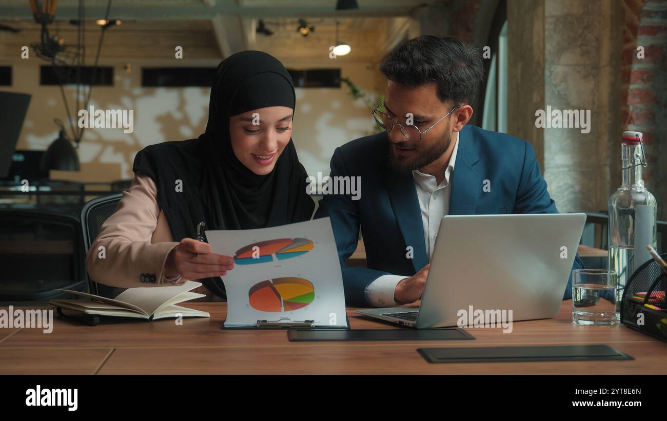 Male female teamwork Arabian man muslim woman in hijab girl guy ...