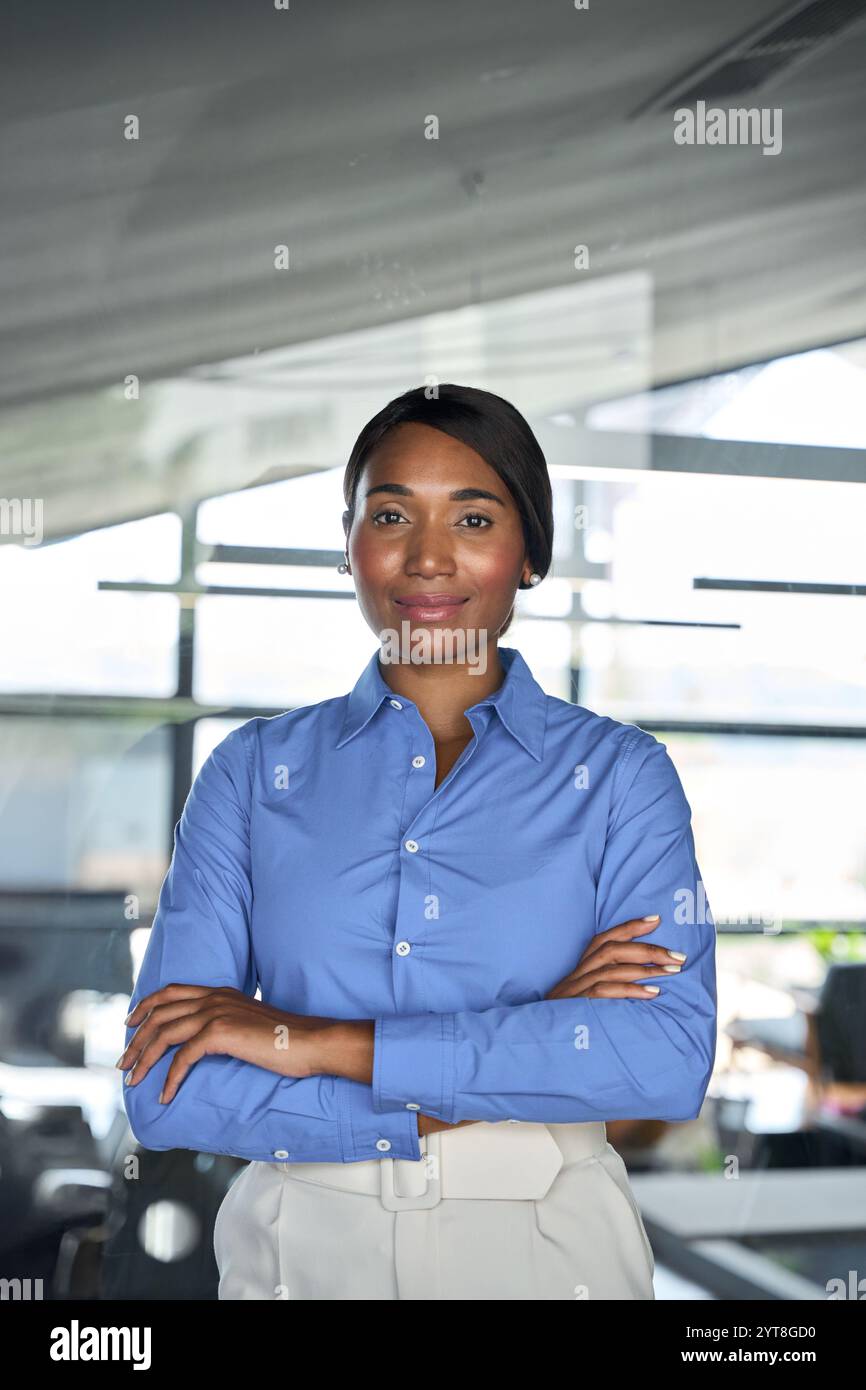 Confident young African American business woman leader in office ...
