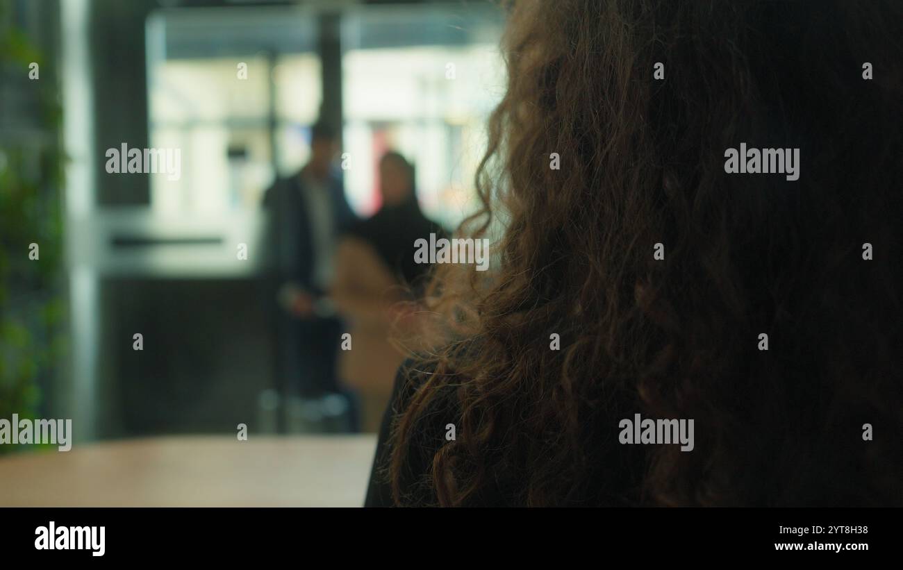 Back view concierge meet couple tourists guests hello welcome hotel ...