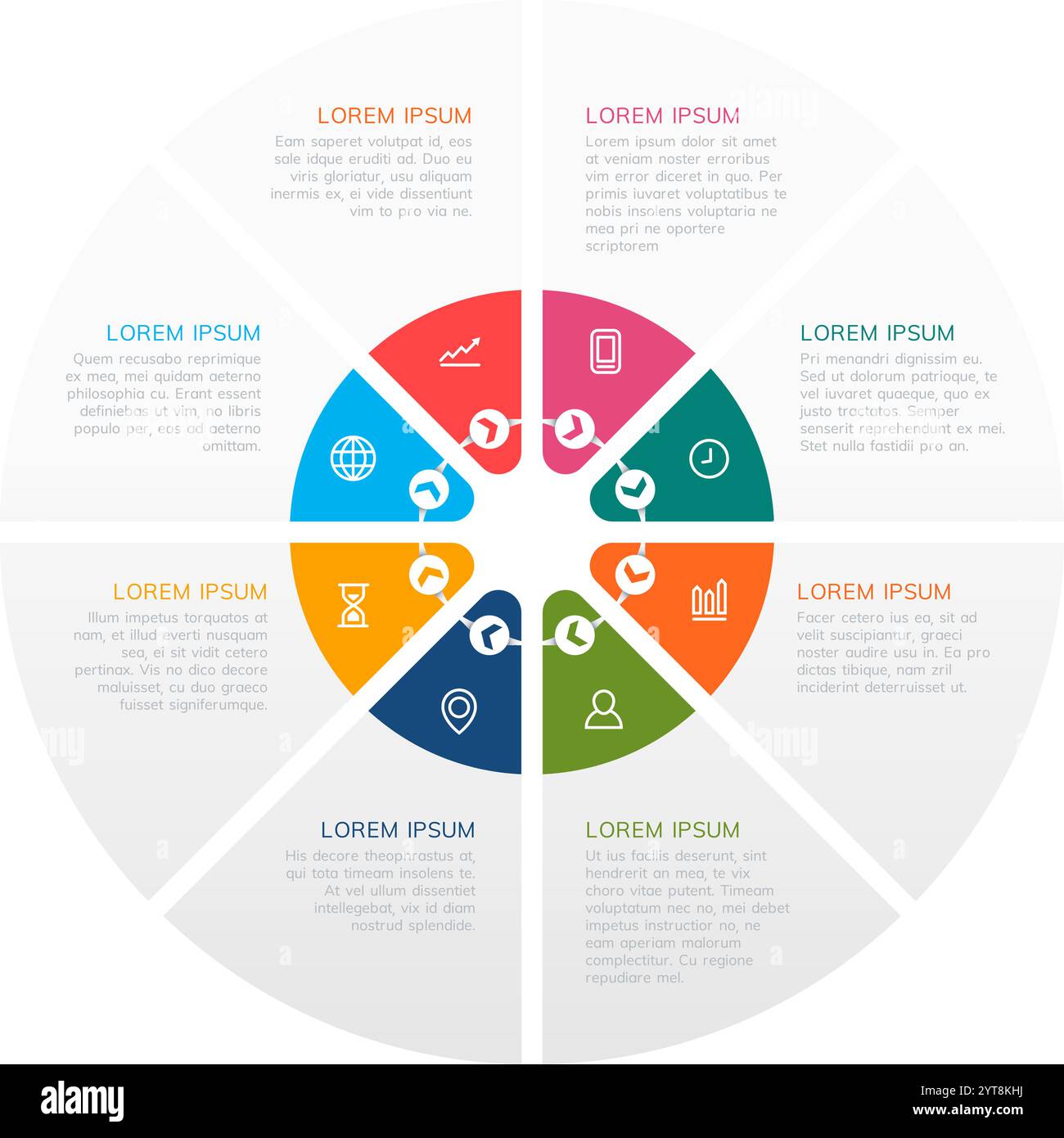Colorful circular infographic presents data and information using distinct segments, each ...