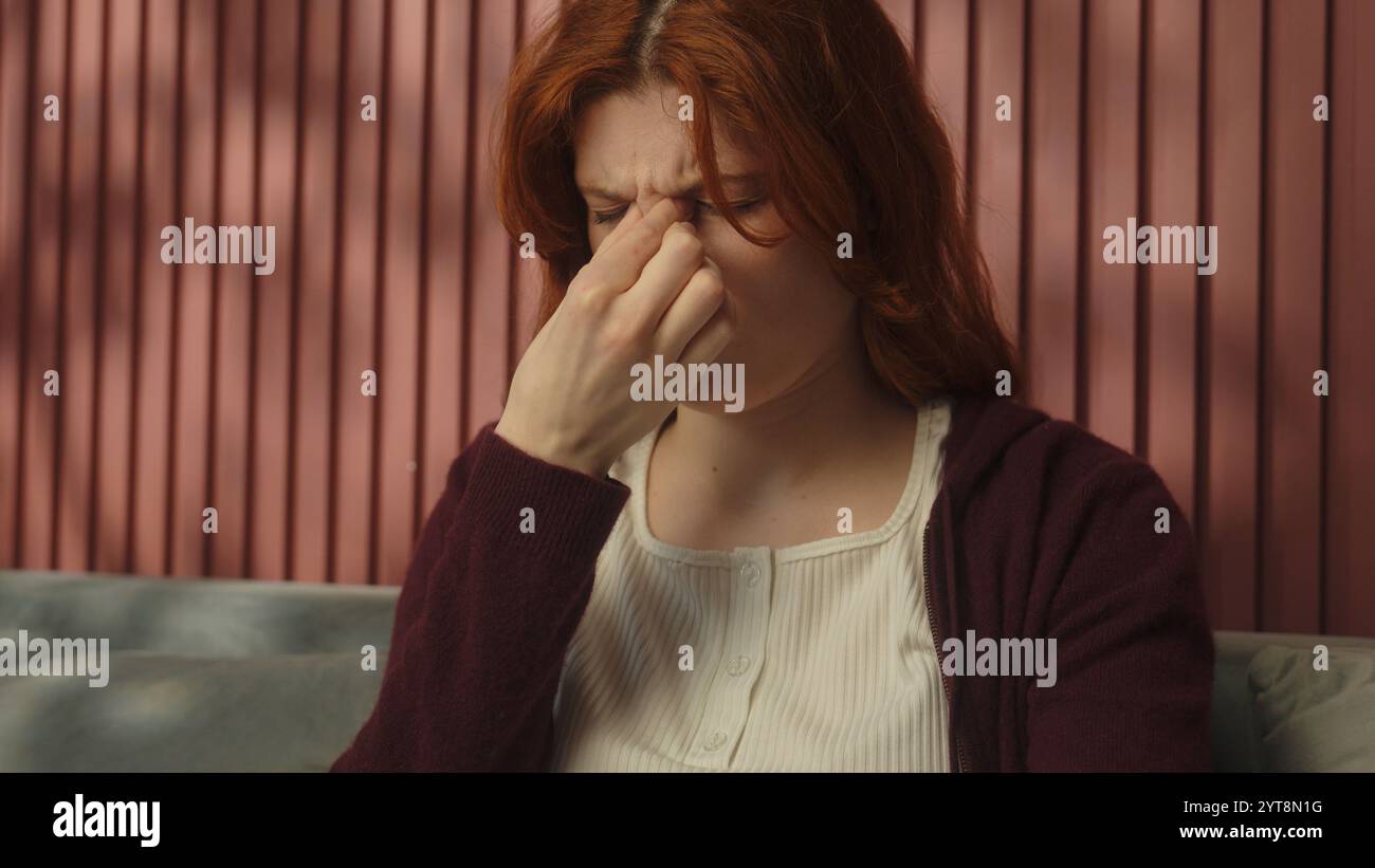 Unwell sad tired woman Caucasian girl female at home suffer migraine ...