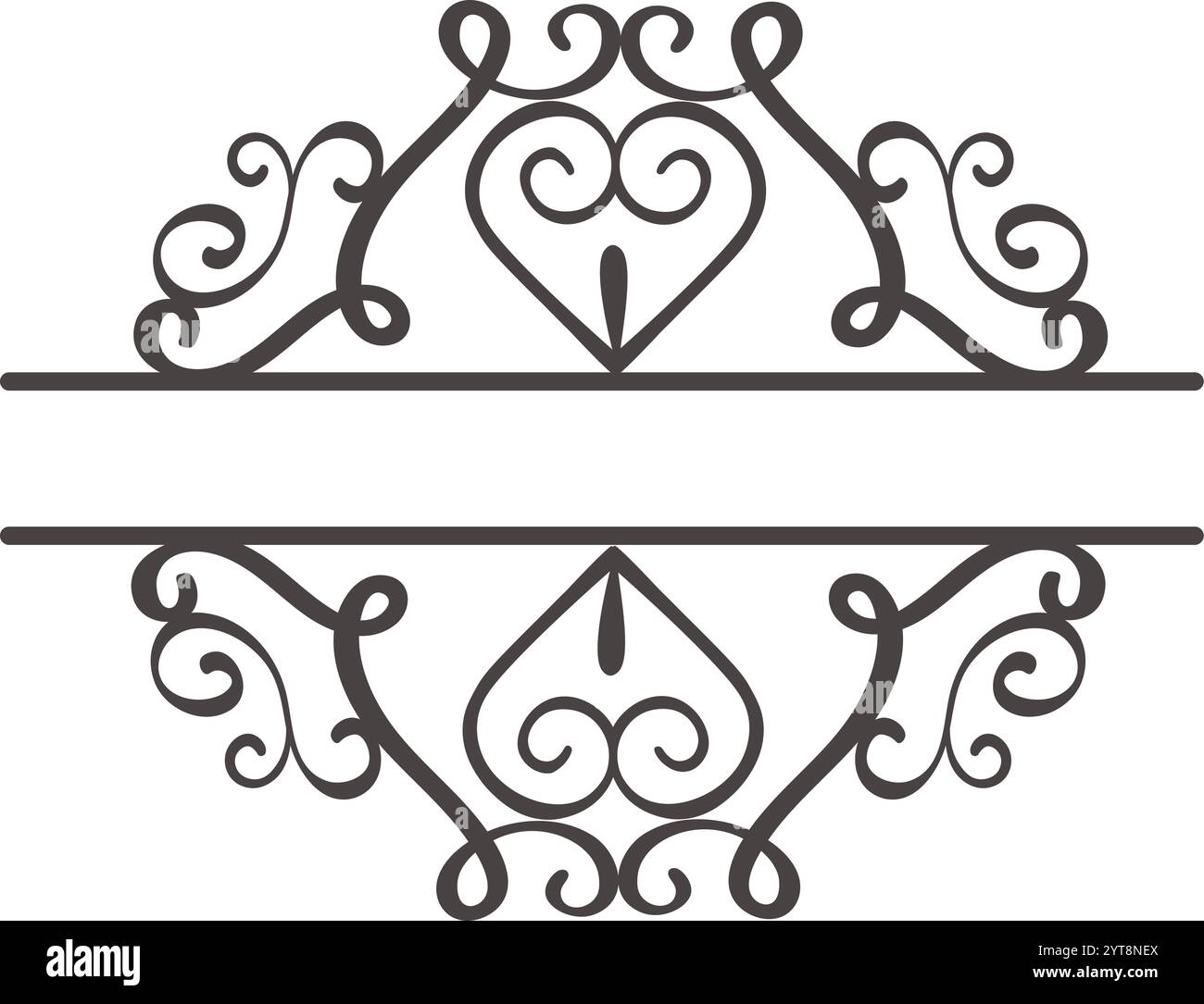 This elegant split monogram frame features ornate swirls, heart shapes ...