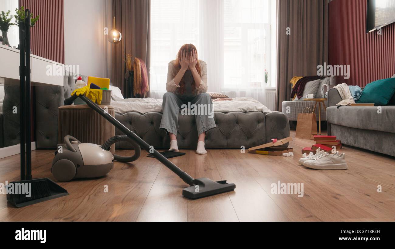 Frustrated worried sad Caucasian woman girl lady female homeowner ...