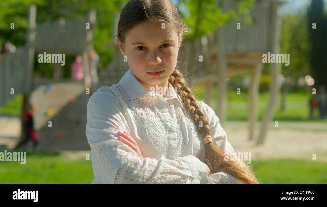 Upset sad frown little kid girl serious child daughter pupil female ...