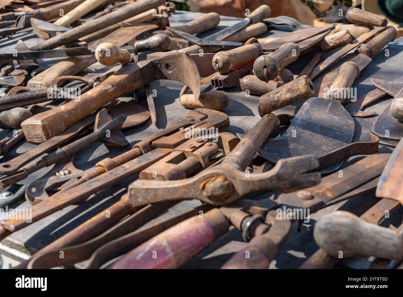 Lots of various old used tools in sunny ambiance Stock Photo - Alamy