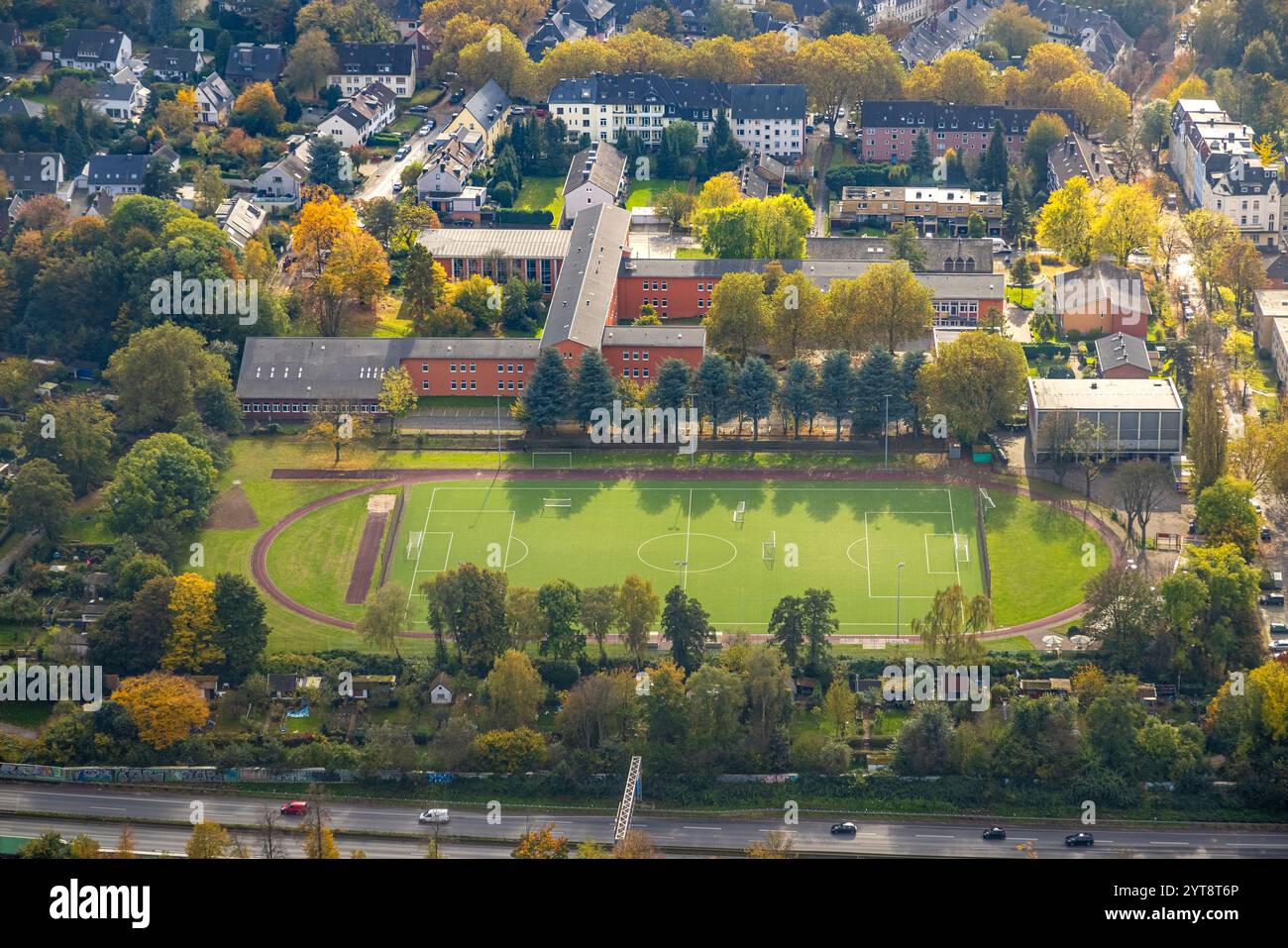 Aerial view, Heinrich-Böll-Gesamtschule, soccer stadium DJK Arminia ...