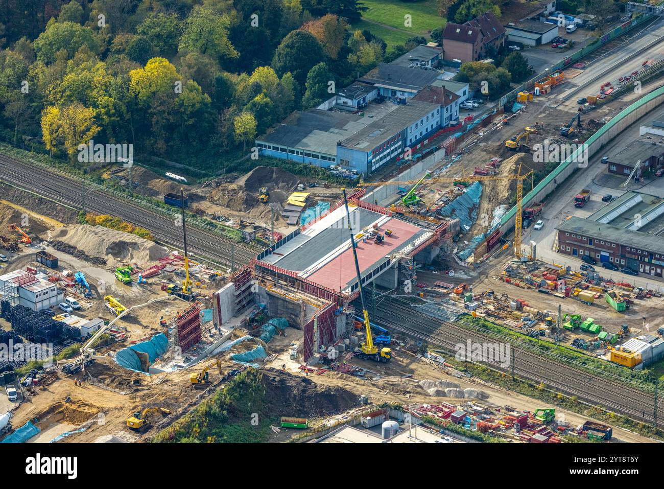 Aerial view, full closure of the A40 highway at the new replacement and ...