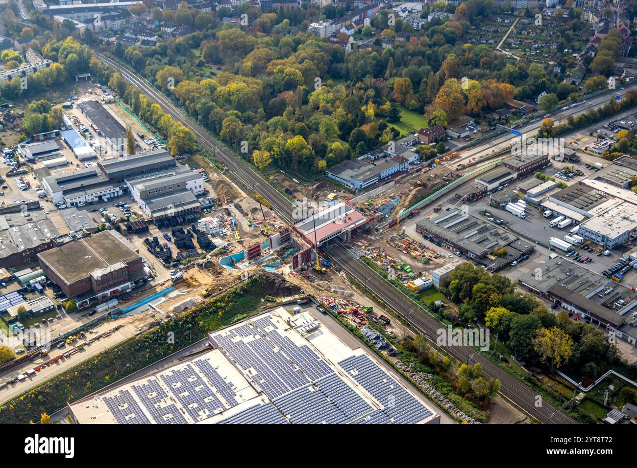 Aerial view, full closure of the A40 highway at the new replacement and ...
