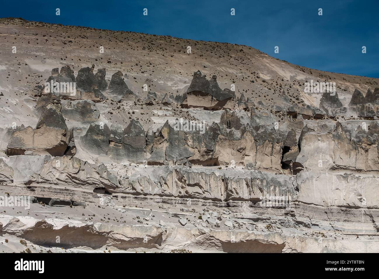 Colca canyon in Peru. Rock formations and green terraces in the Andes ...