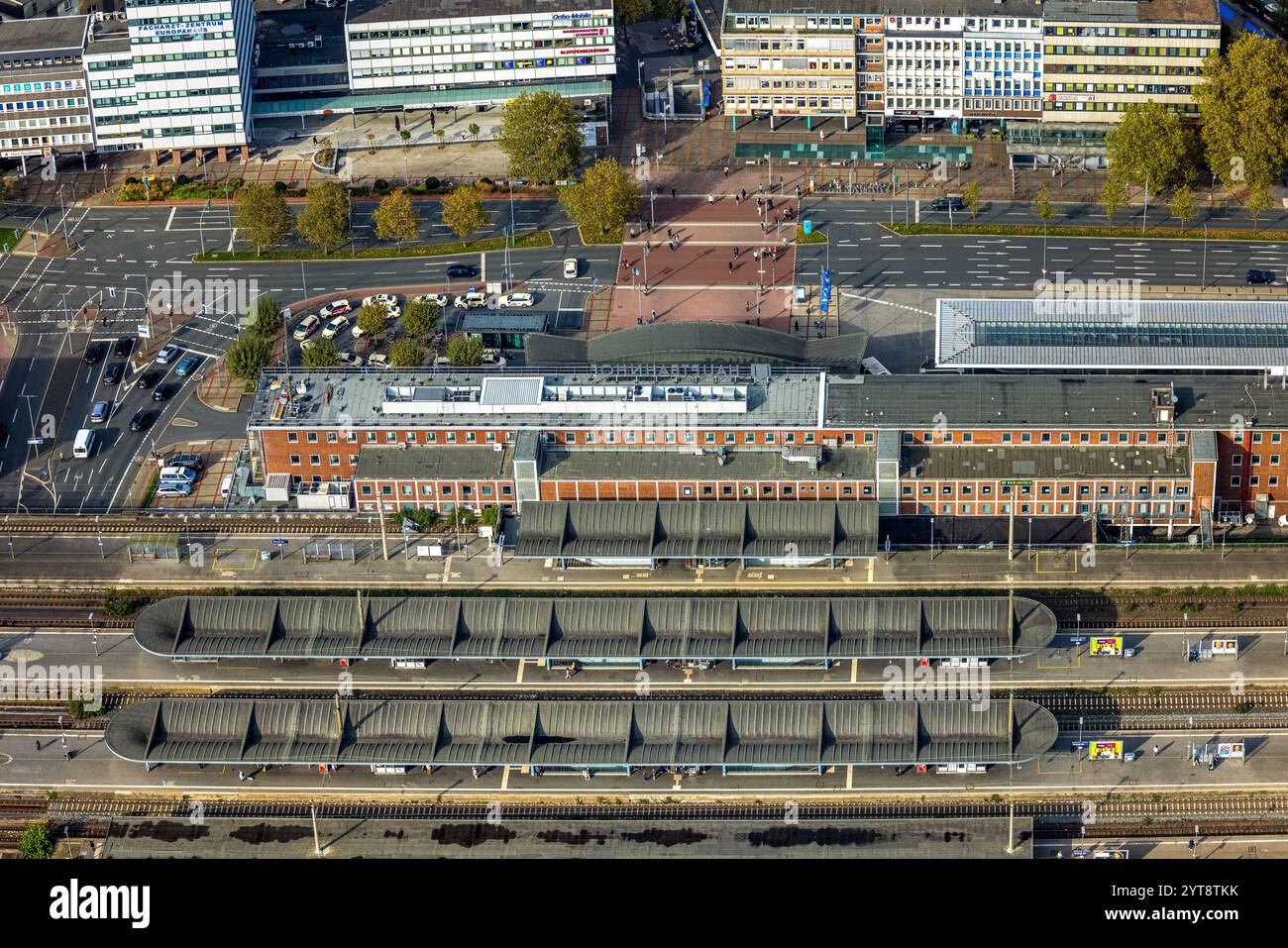 Aerial view, Bochum main station, platform and station forecourt with station building, south ...