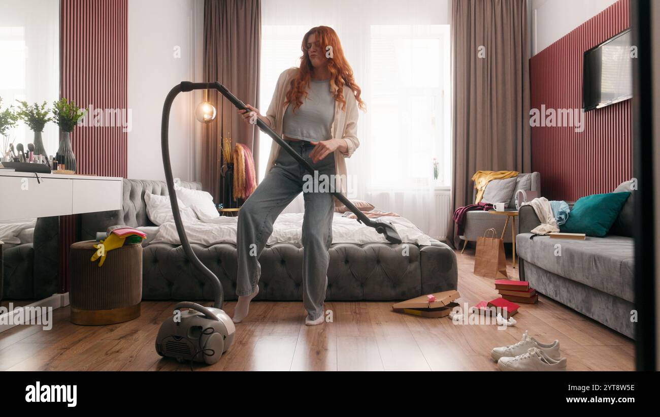 Funny Caucasian woman girl female lady housewife housekeeping chores ...