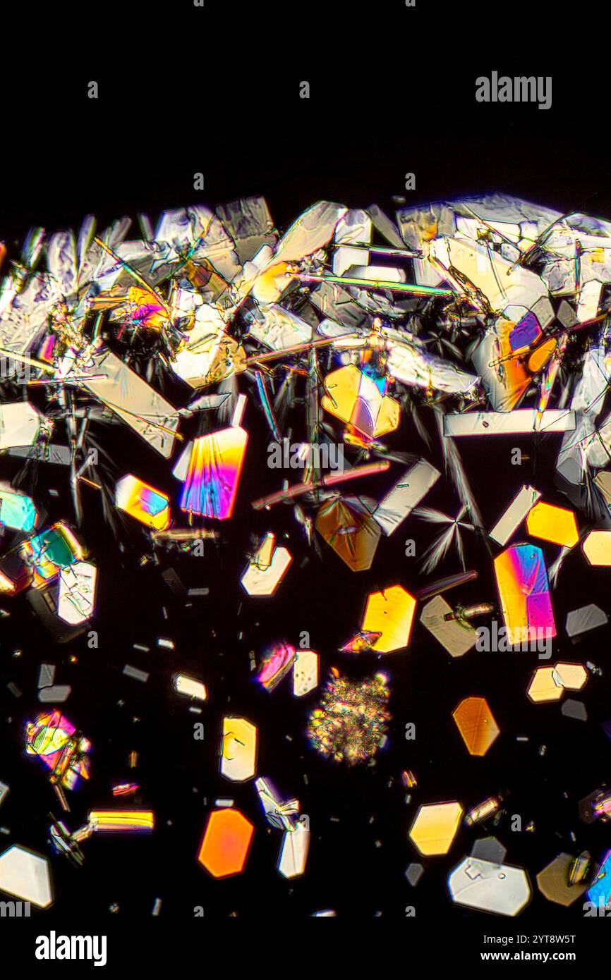 Microscopic shot showing colorful microcrystals in polarized light ...