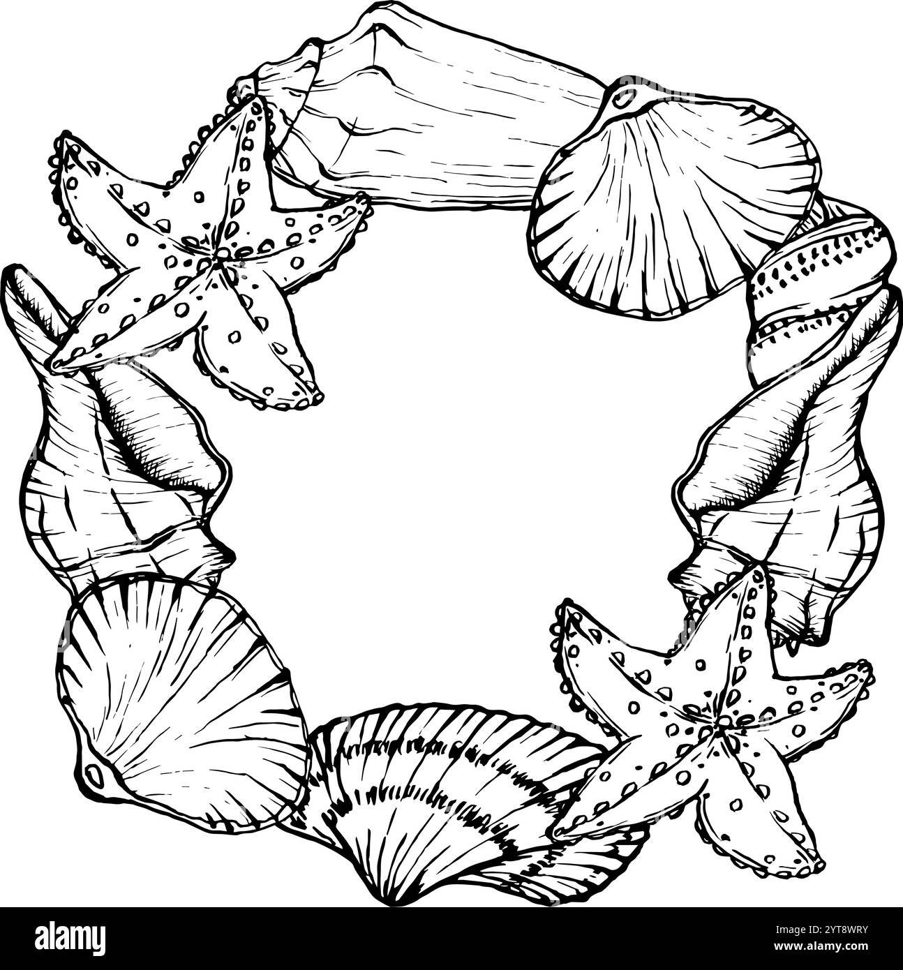 Round frame made of seashells and starfish. Underwater world on outline ...