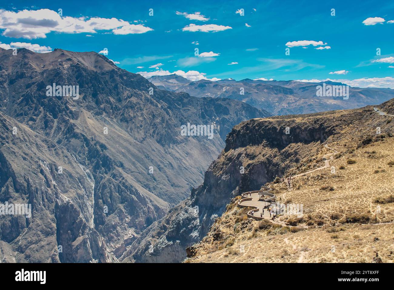 Colca canyon in Peru. Rock formations and green terraces in the Andes ...