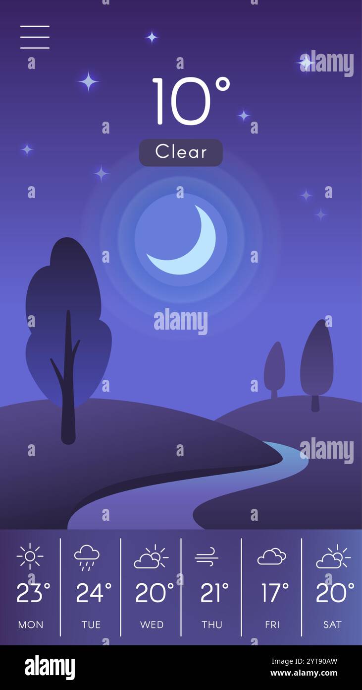 Mobile weather application featuring a clear night sky with a crescent ...