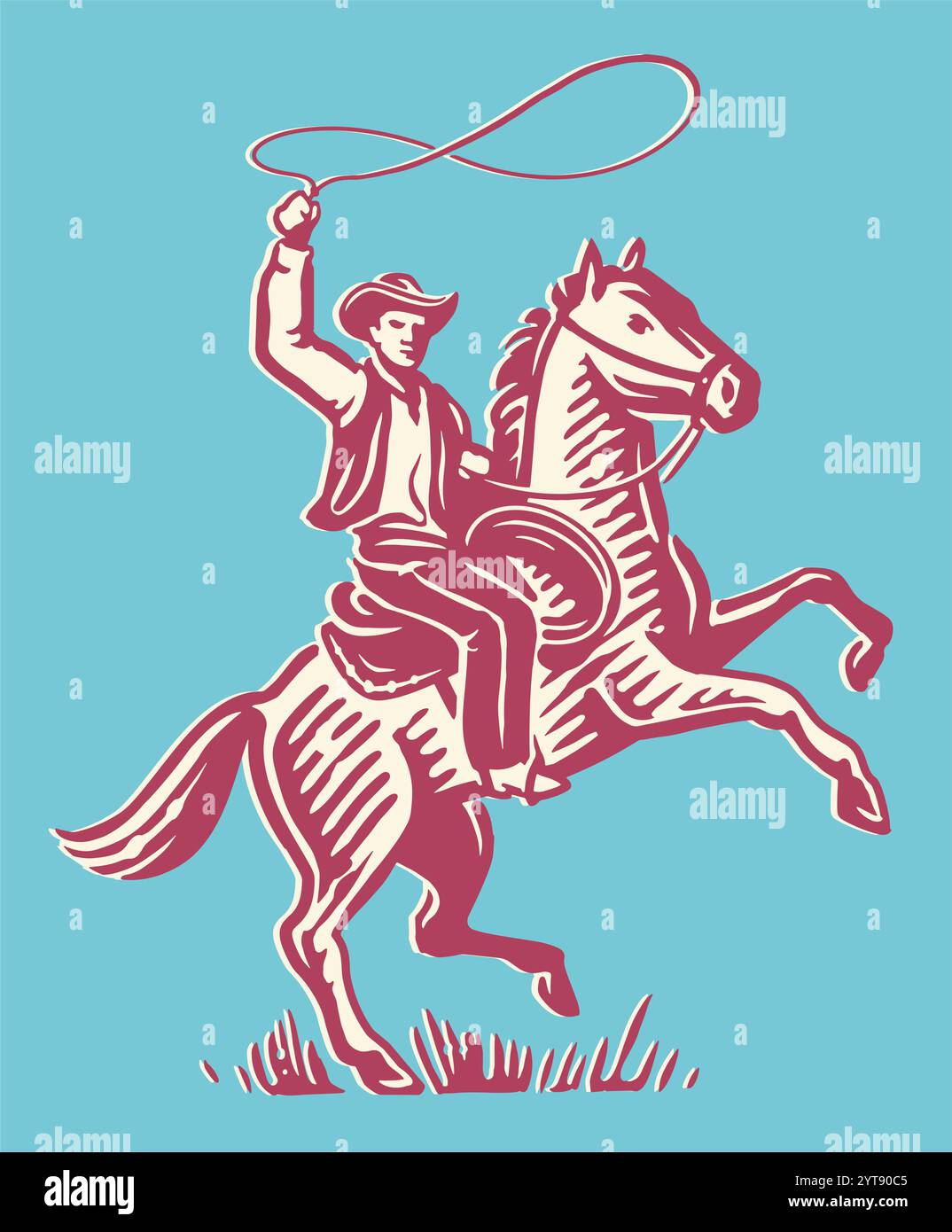 Cowboy with lasso on rearing horse. Rodeo emblem. Hand drawn vector ...