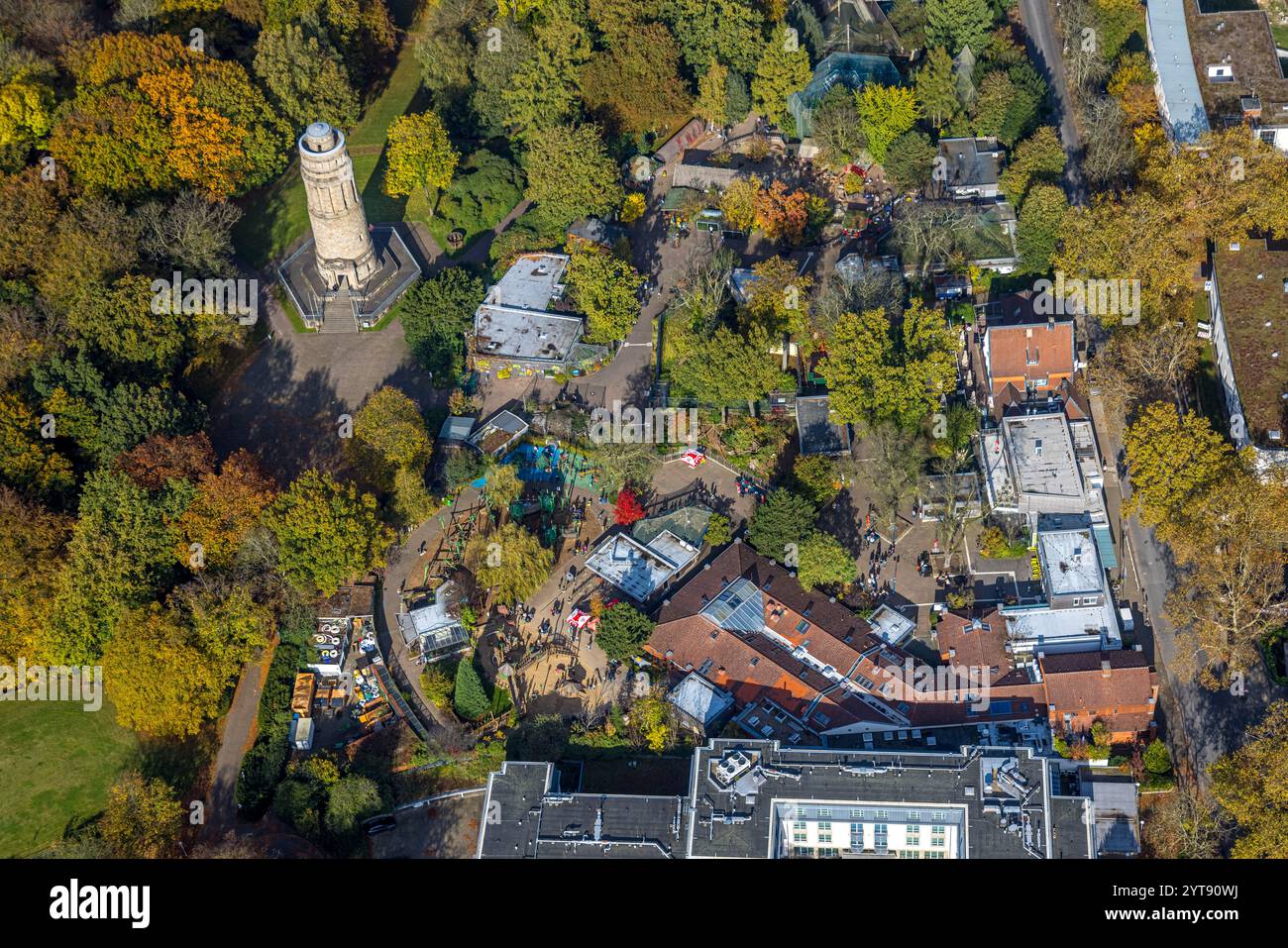 Aerial view, City Park and Zoo with Bismarck Tower, autumnal trees ...