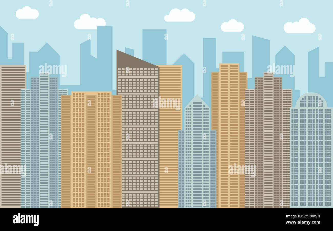 Vector urban landscape illustration. Street view with cityscape, skyscrapers and modern ...
