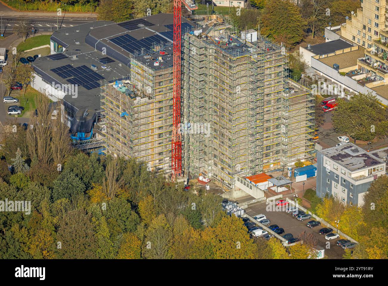 Aerial view, construction site with scaffolding at the Unicenter of the ...