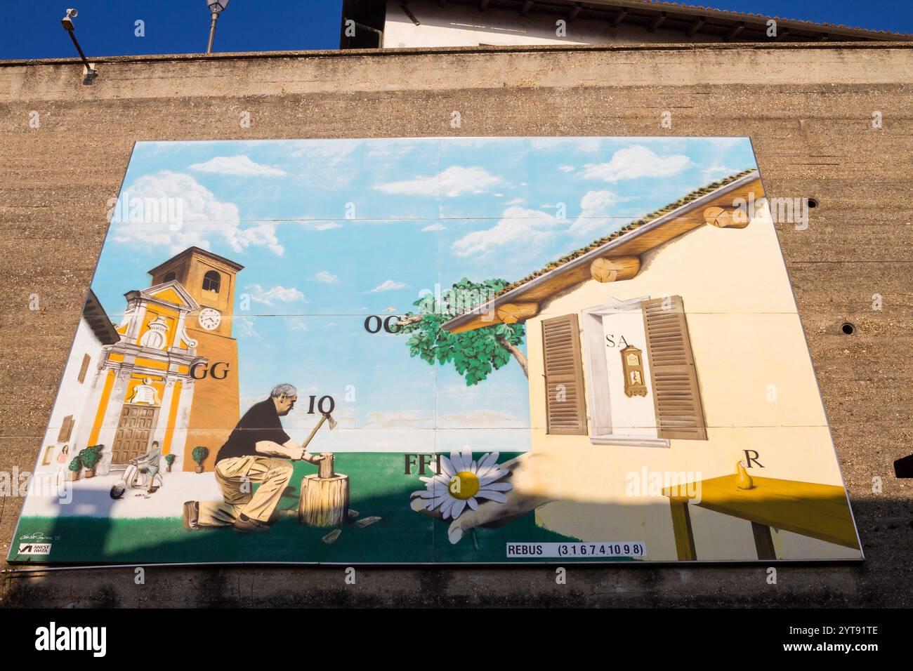 Mural with riddles drawn on the wall in Marentino, Italian village in ...