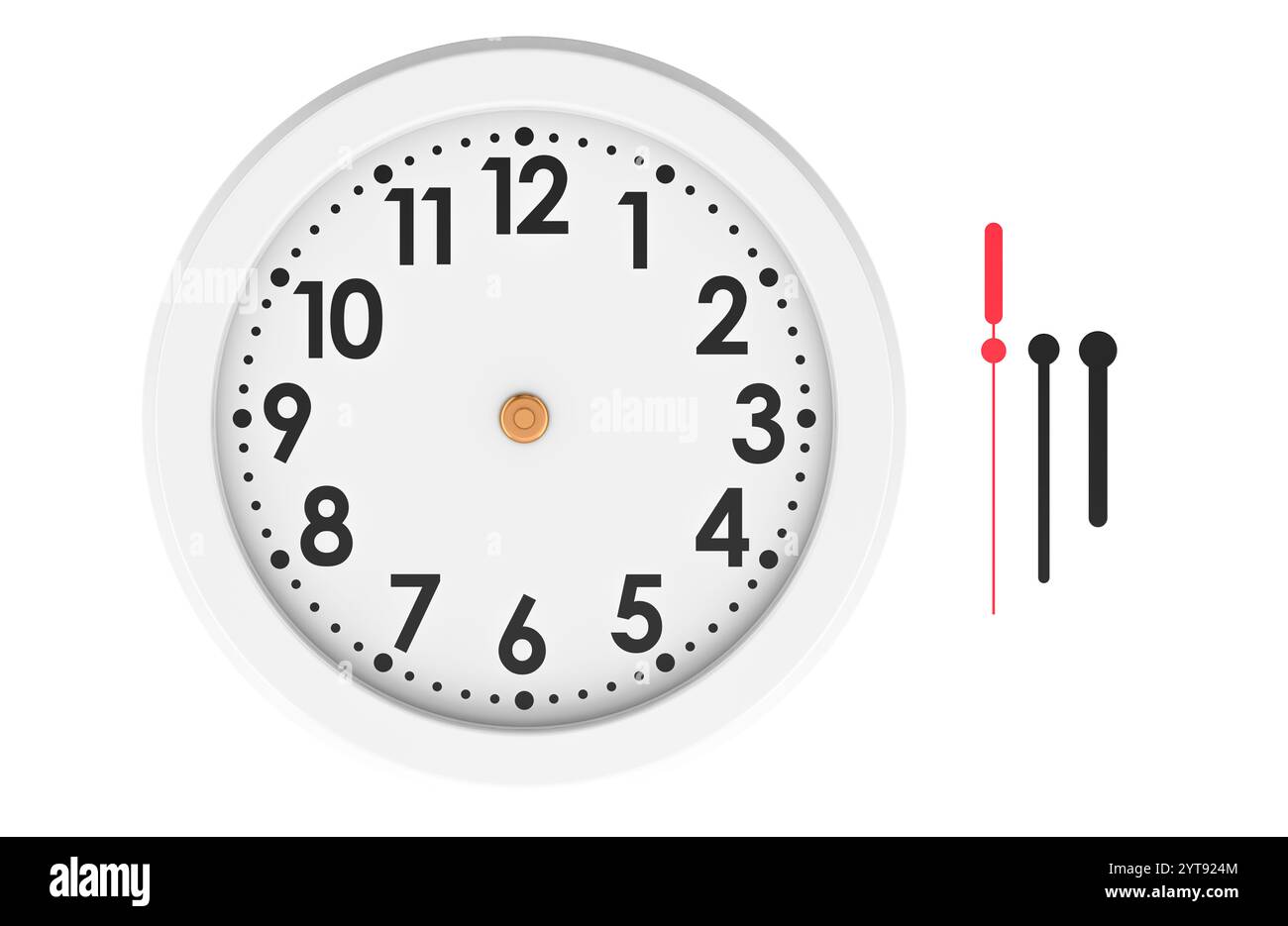 Blank clock face mock up with hour, minute and second hands, front view ...